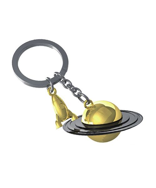 Gold Saturn and Rocket Chrome Keychain